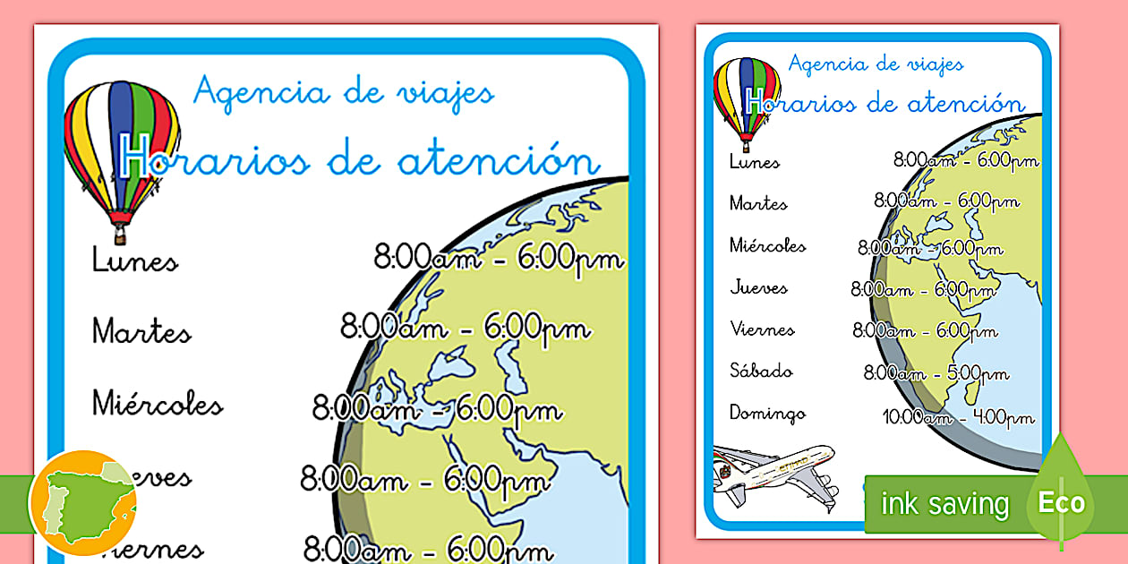 Travel Agents Opening Times Role-Play Signs - English / Spanish - Travel