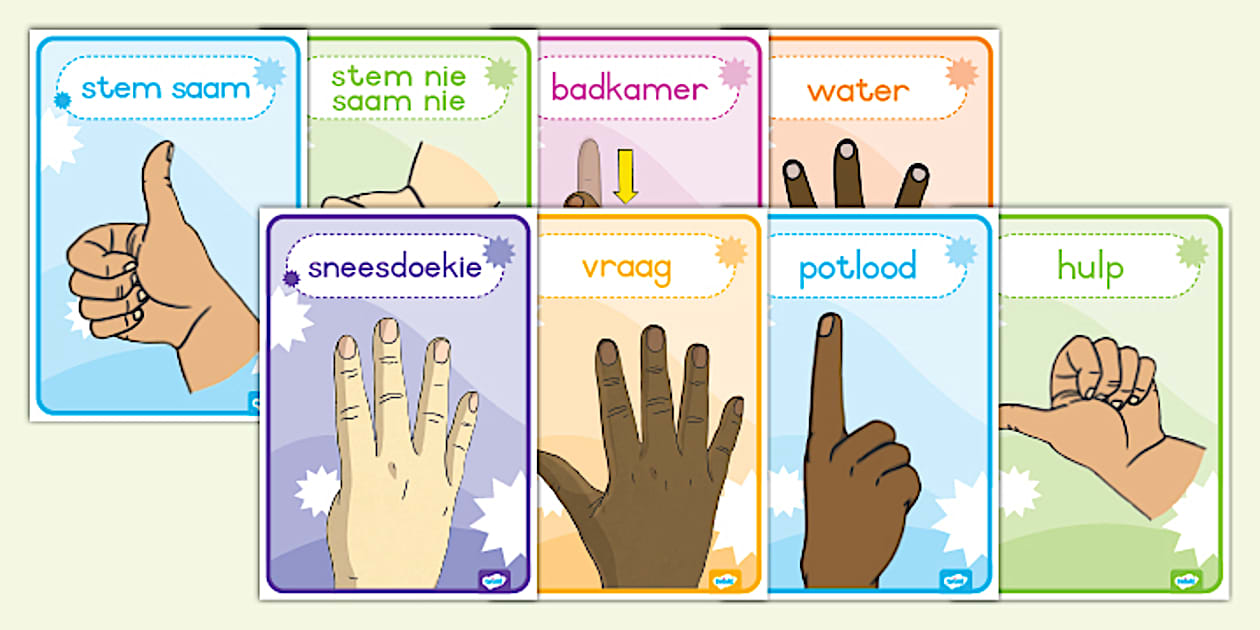 Suid-Afrikaanse Gebaretaal Klaskamerhandseine Vertoonplakkate