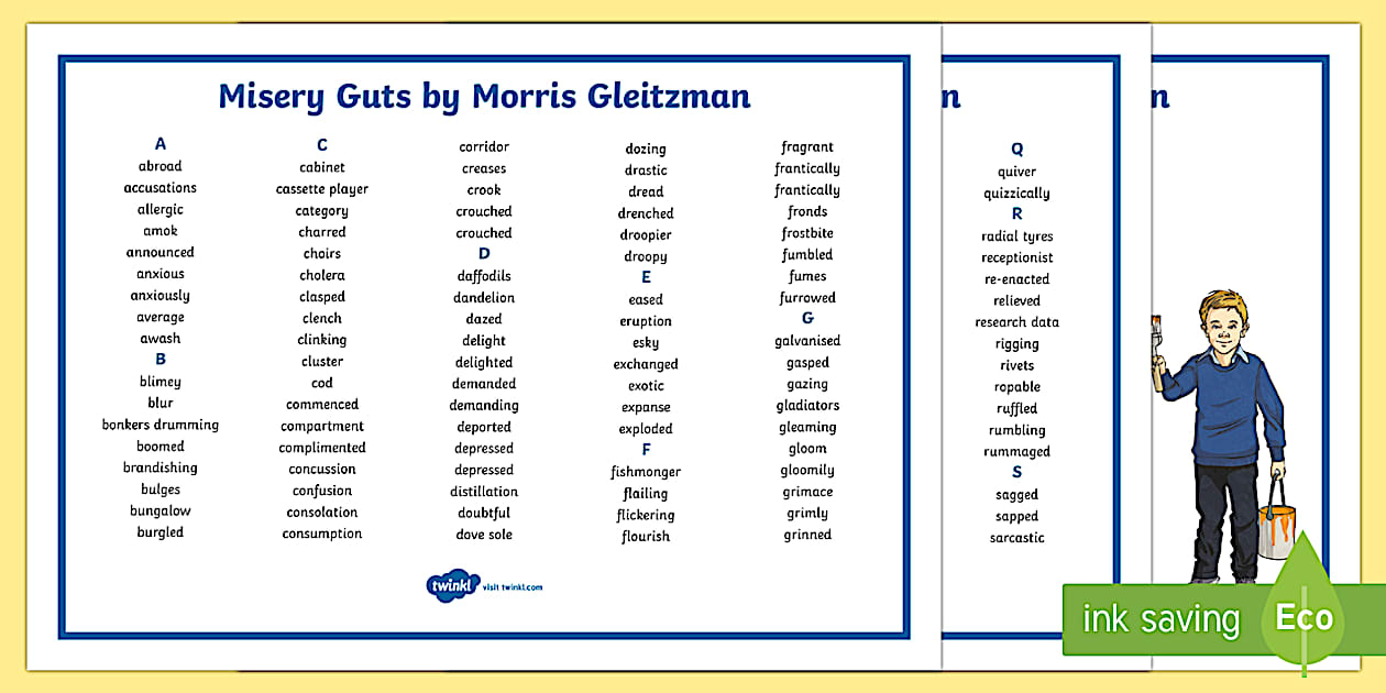 Vocabulary Mats to Support Teaching on Misery Guts by Morris Gleitzman Word