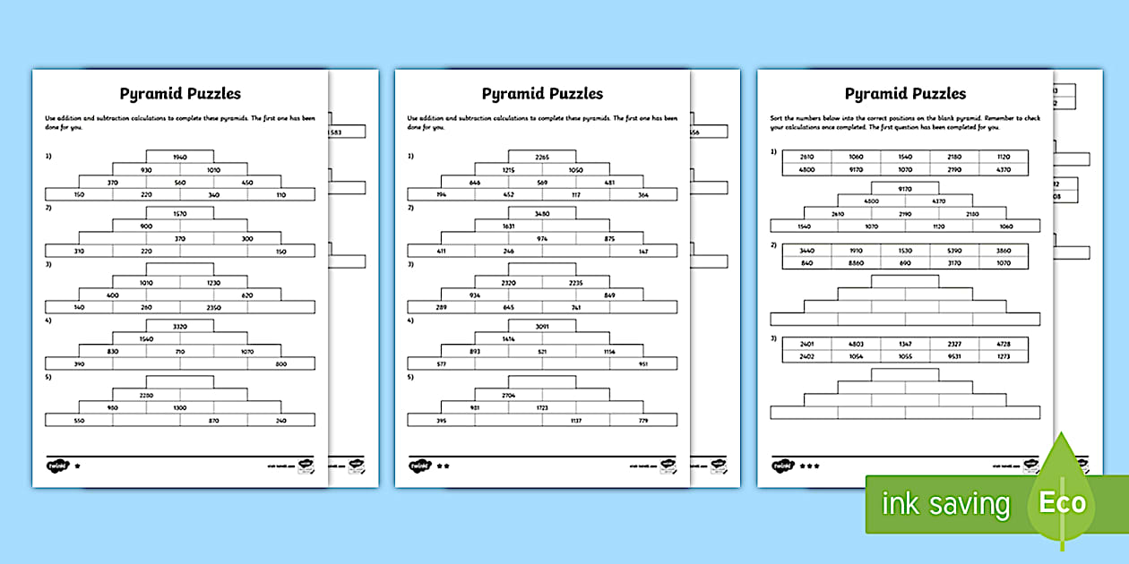 LKS2 Differentiated Missing Number Addition Pyramid Worksheets