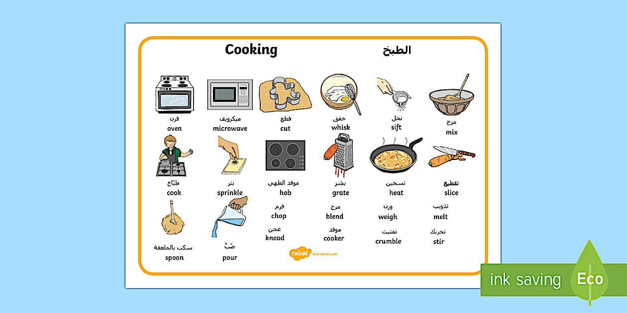 Cooking Word Mat Arabic/English - EAL Cooking Word Mat