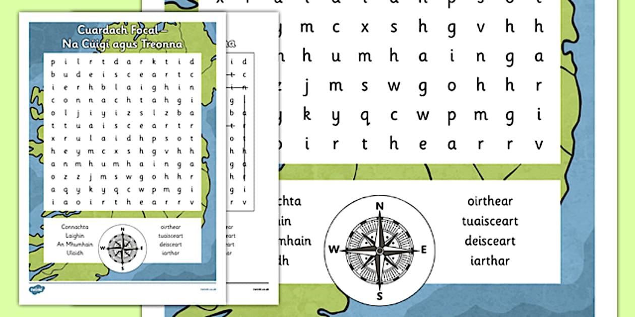 Black and White Irish Gaeilge Cúigí agus Treonna Word Search