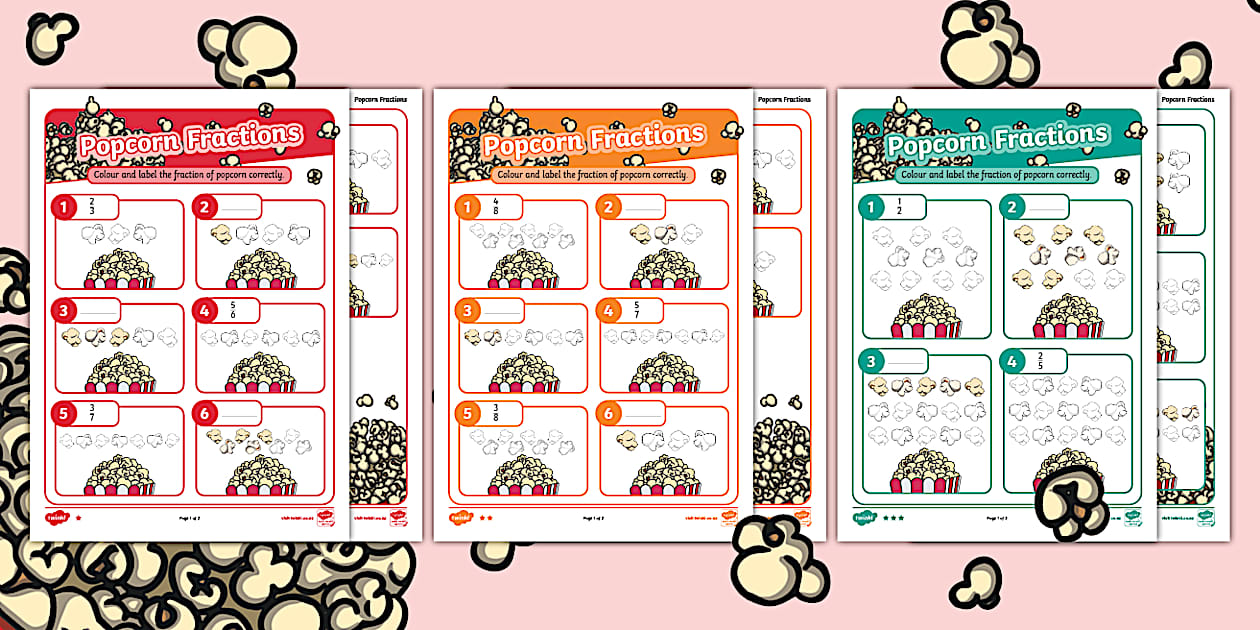Colour and Label Popcorn Fractions (teacher made) - Twinkl