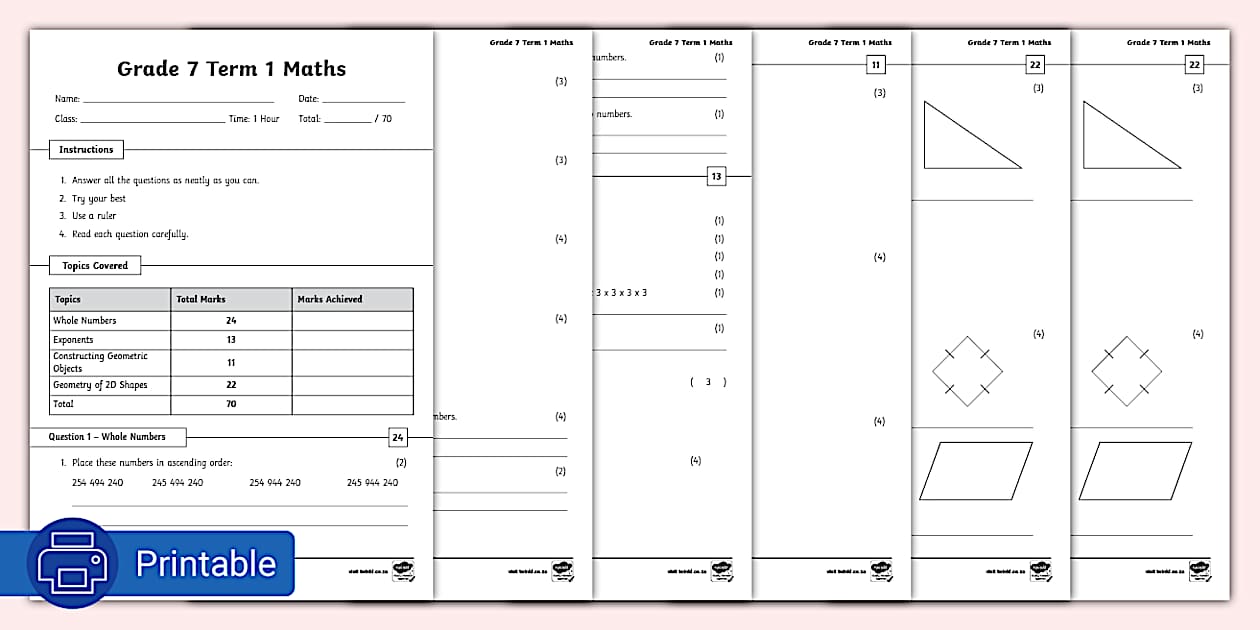 Grade 7 Maths Test Paper Term 1 - Twinkl South Africa