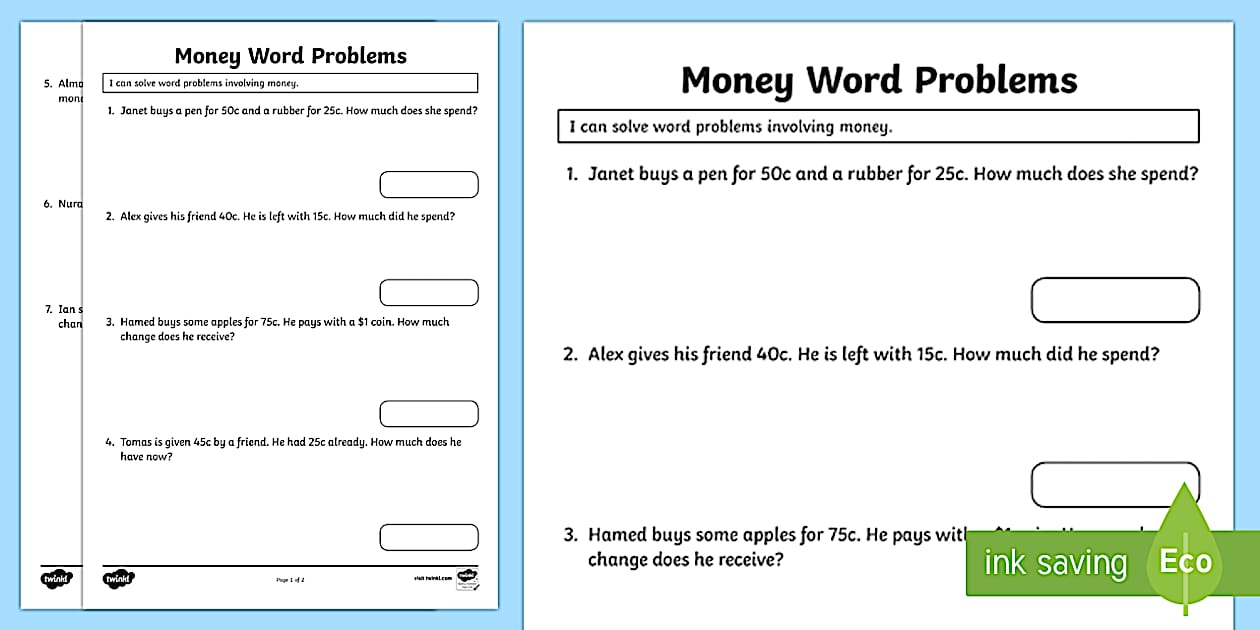 Australian Money Word Problems Worksheet (teacher made)