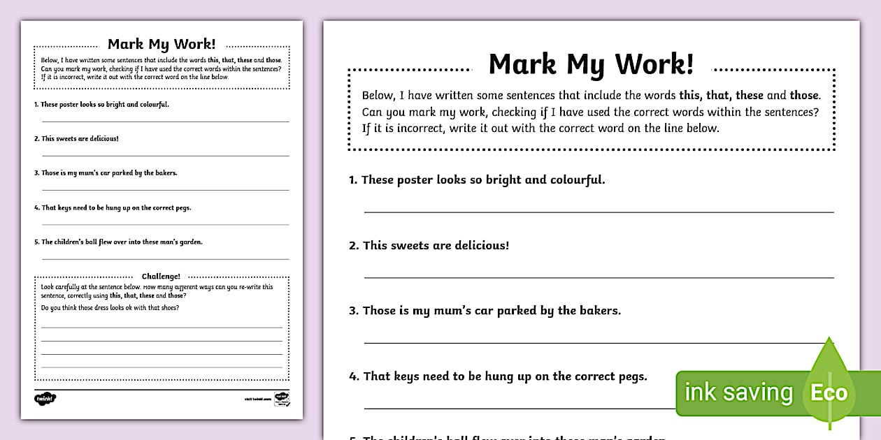 Mark My Work! This, That, These, Those Activity - Twinkl