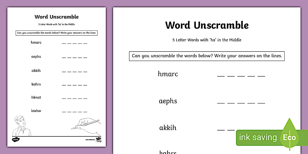 Unscramble the 5 Letter Words with 'ha' in the Middle Worksheet