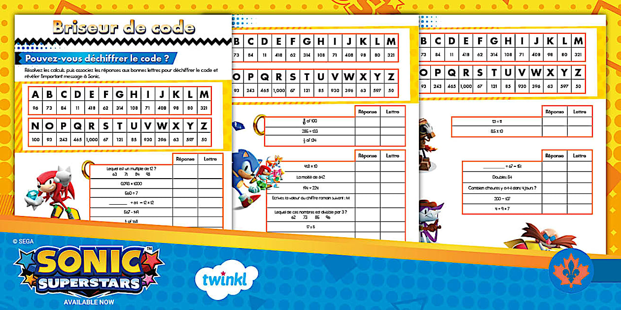FREE! - Sonic: Math Codebreaker Activity for Grade 4-5 French