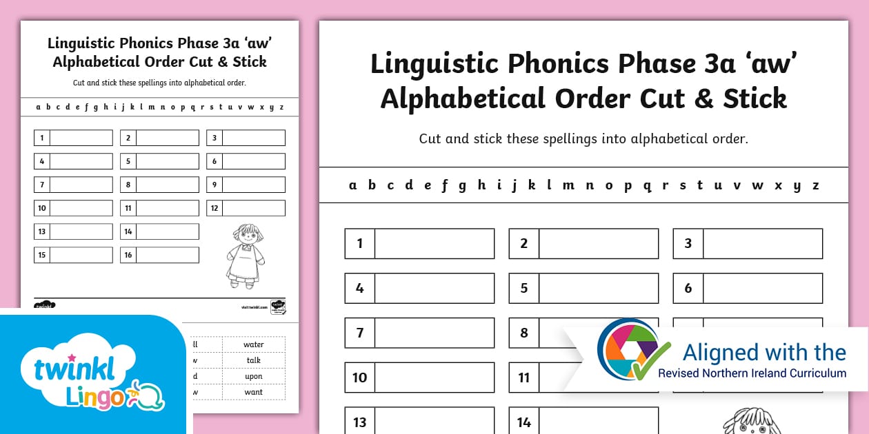 Linguistic Phonics Phase 3a 'aw' Alphabetical Order - Twinkl