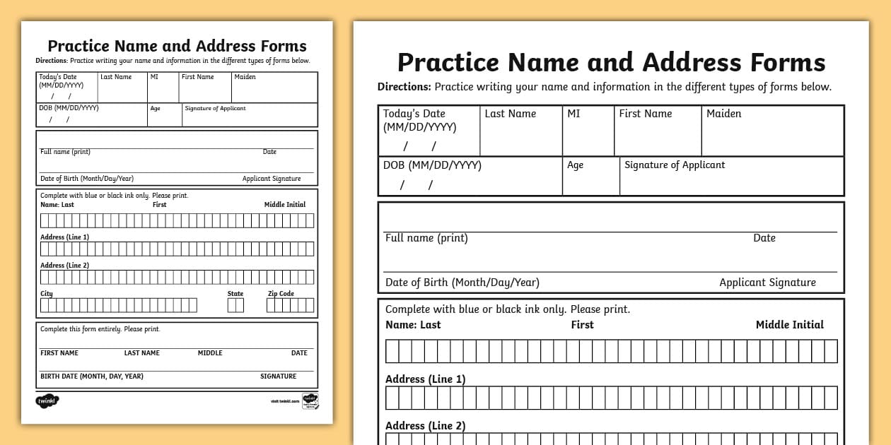 Practice Name and Address Forms for 6th-8th Grade - Twinkl