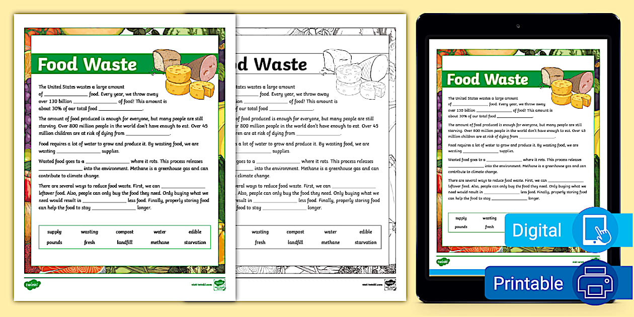 Fourth Grade Food Waste Cloze Reading Worksheet - Twinkl