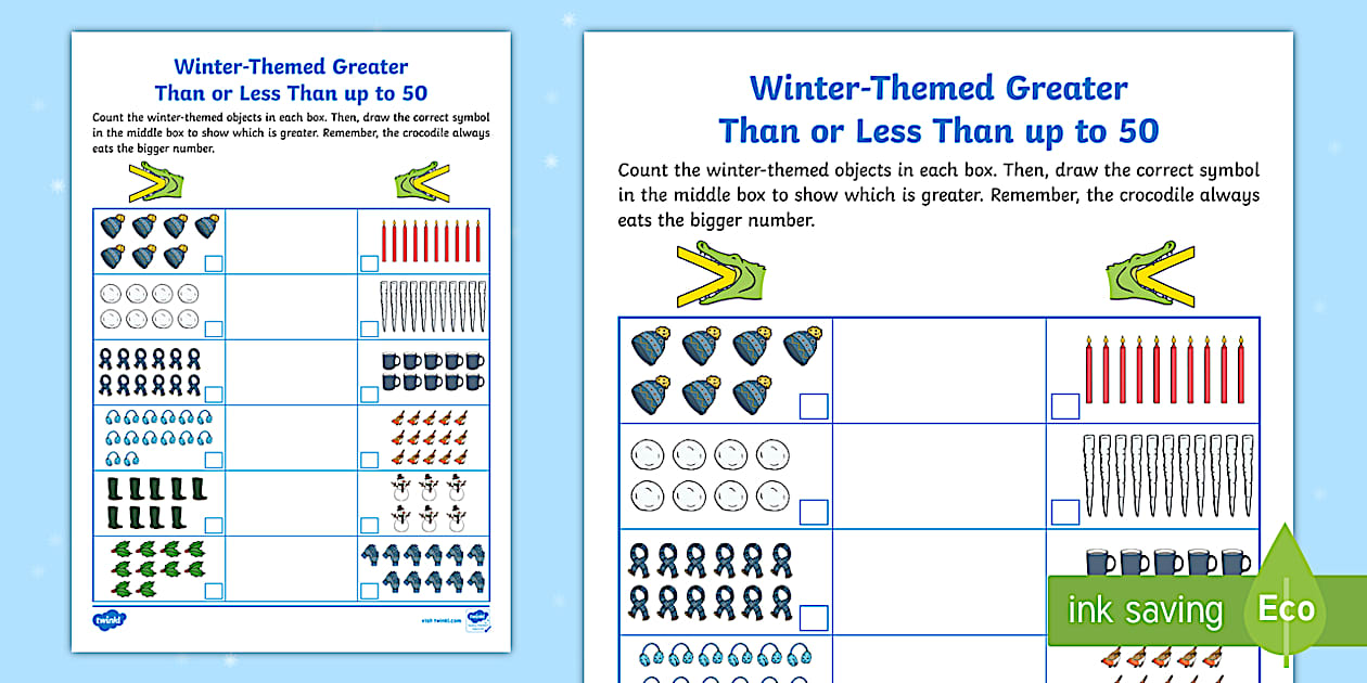 Winter-Themed Greater Than or Less Than up to 50 Worksheet