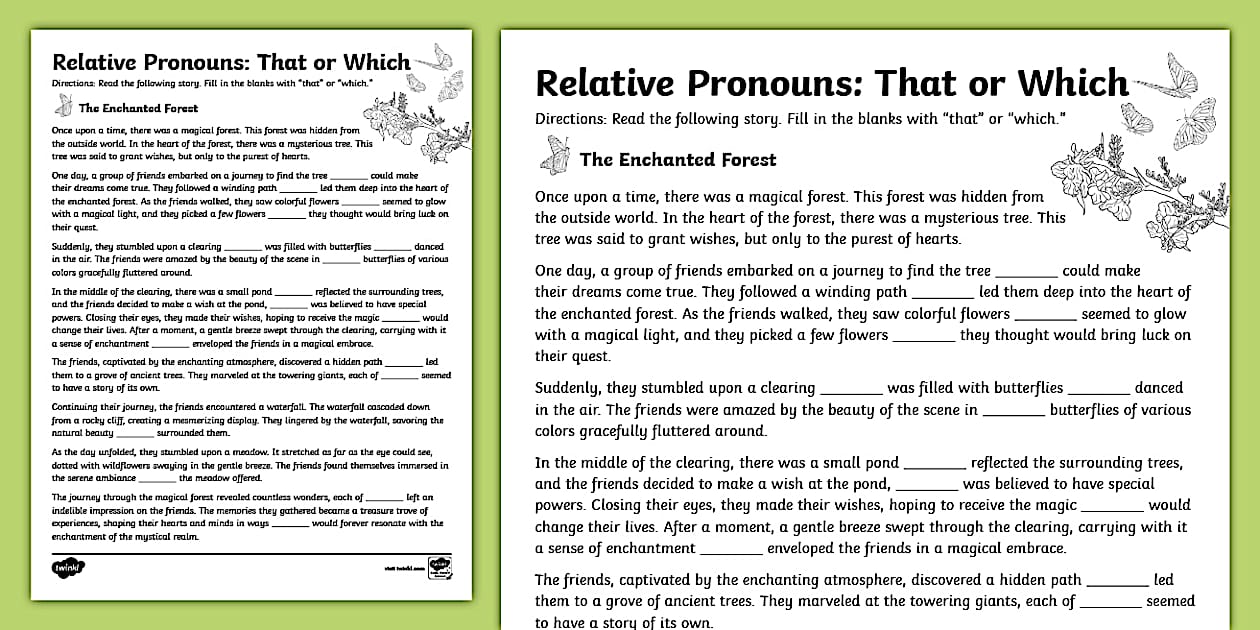 Fourth Grade Relative Pronouns That or Which Worksheet