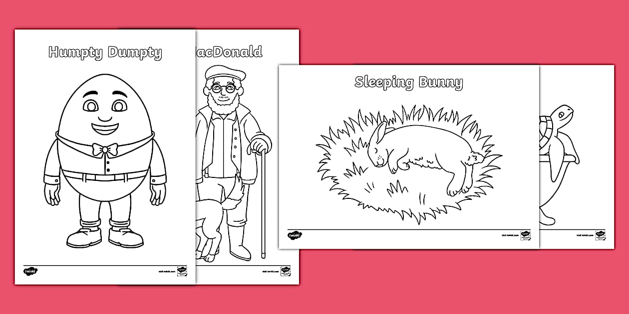 Nursery Rhyme Characters Picture and Word Colouring Sheets