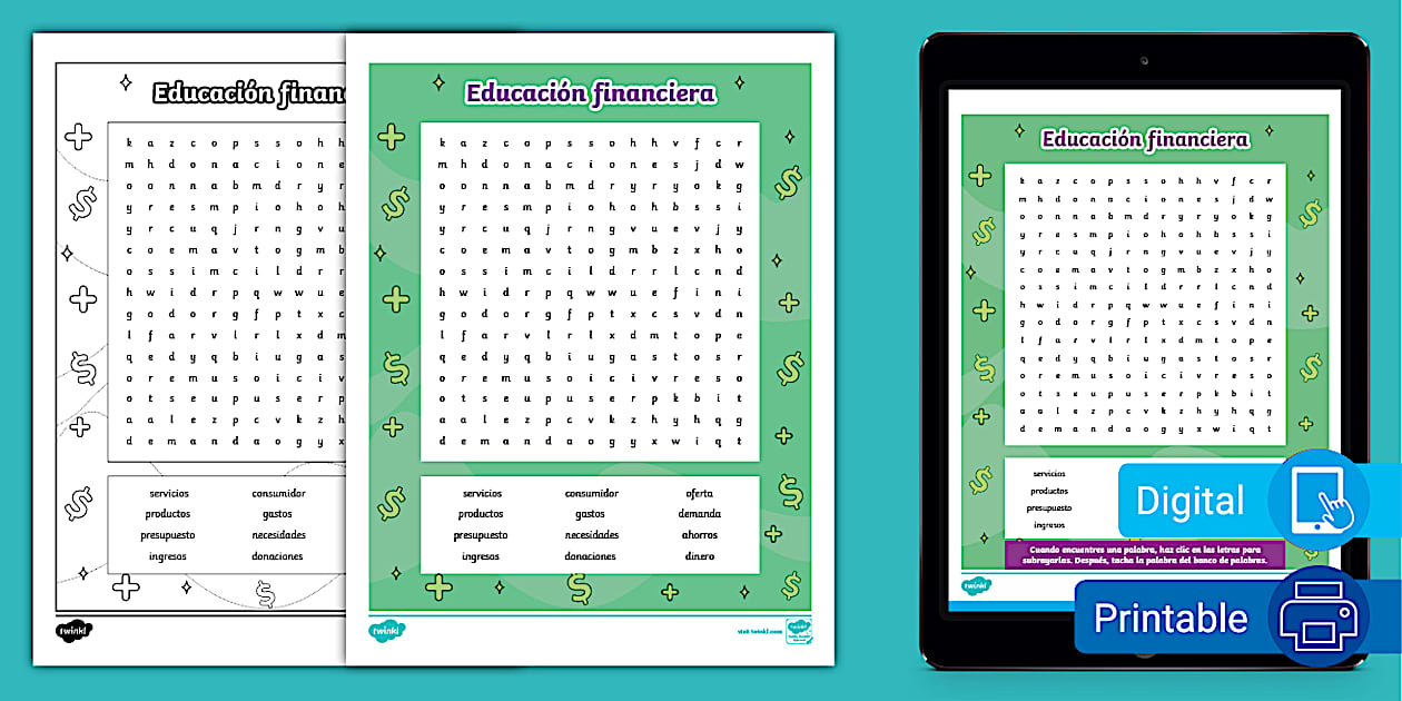 Sopa de letras: Educación financiera para 3o a 5o grado