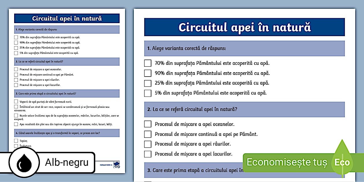 Clasa 3/a III-a: Circuitul apei în natură – Evaluare/Temă