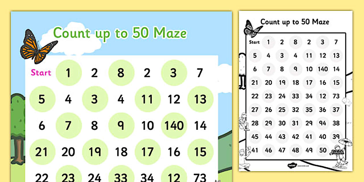 Black and White Counting up to 50 Maze Worksheet - Twinkl