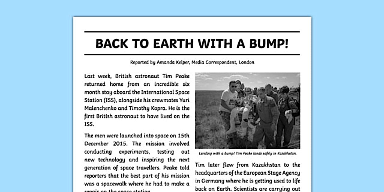 Back To Earth Newspaper Report Writing Sample (teacher made)