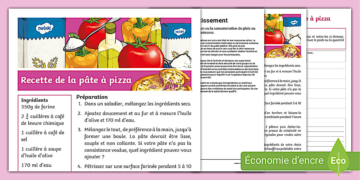 Recette de pâte à pizza et activité d'écriture - Twinkl