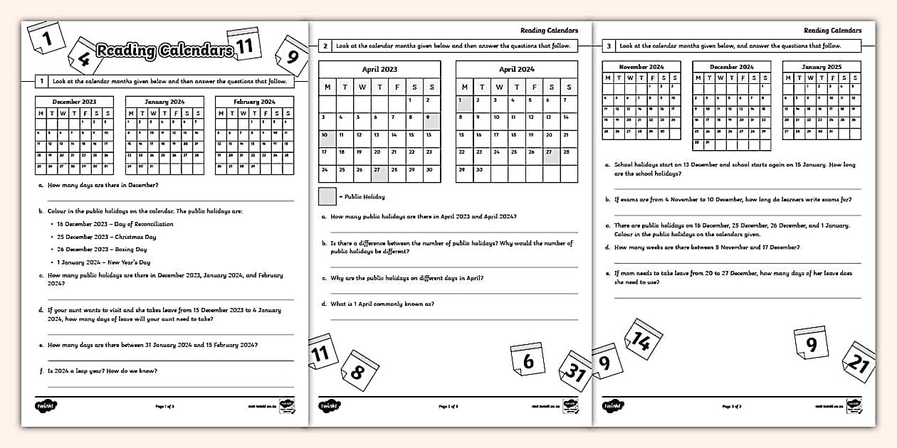 Reading Calendars for Grade 6 Maths Activity Sheet - Twinkl