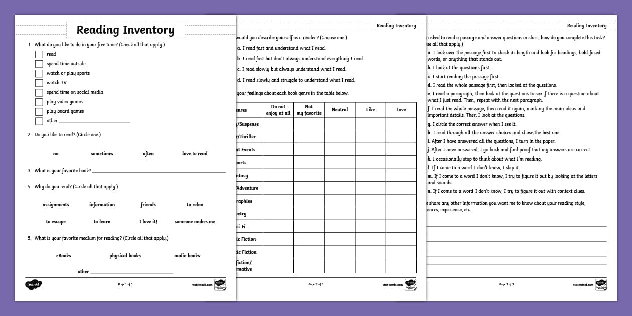 Beginning of the Year Reading Inventory for 6th-8th Grade