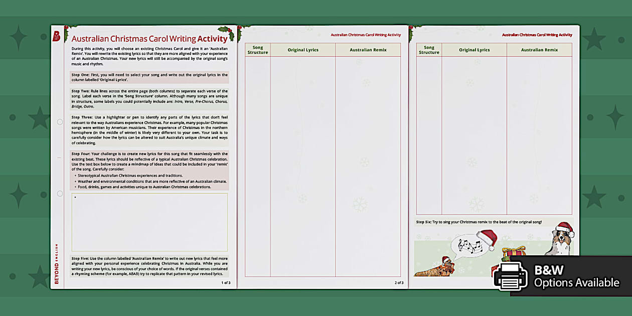 Australian Christmas Carol Writing Activity (teacher made)