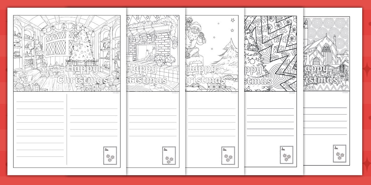 Christmas Colouring Postcard Templates - Twinkl