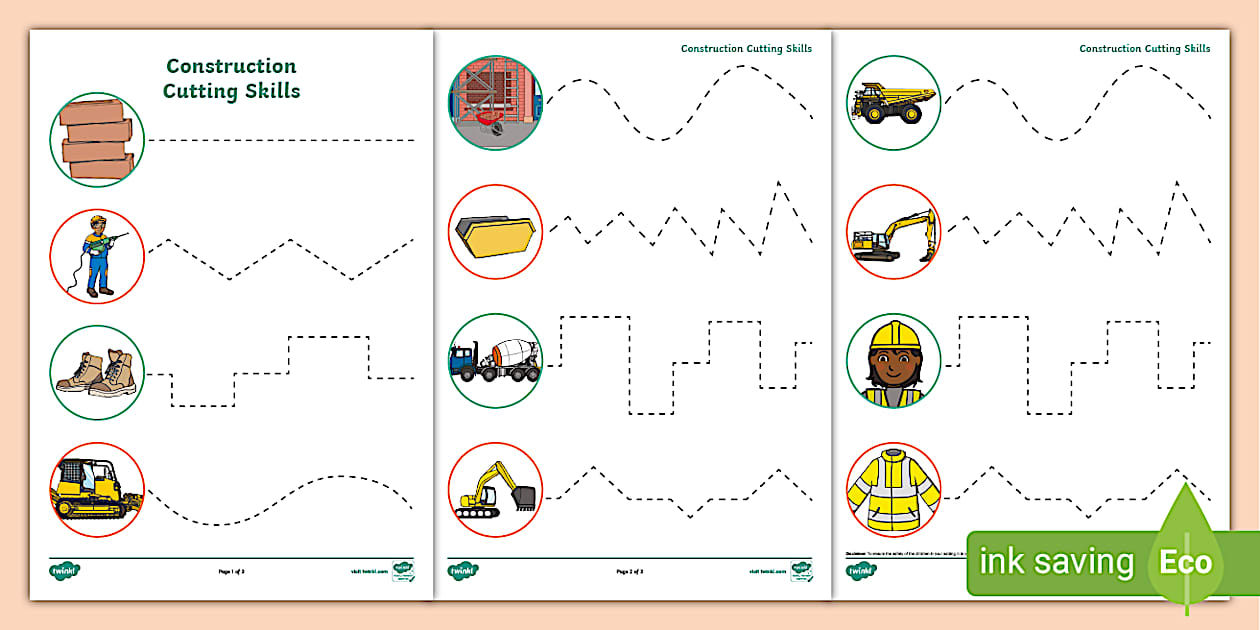 Construction-Themed Cutting Skills Worksheets | Twinkl