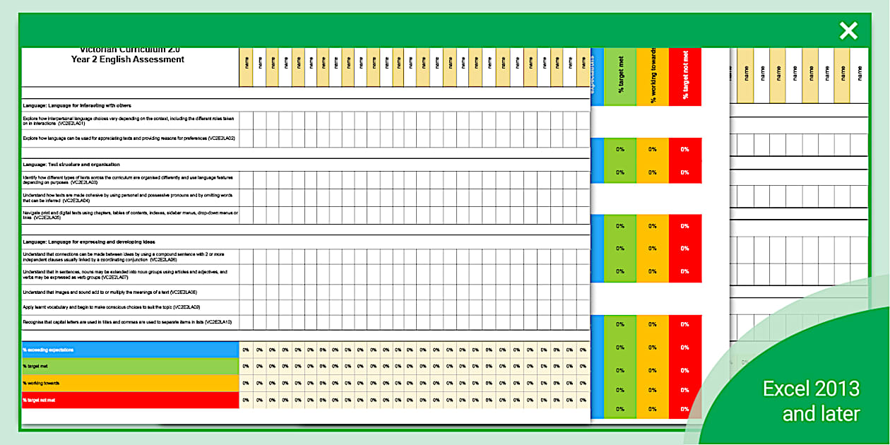 Victorian Curriculum Year 2 English Assessment Spreadsheet