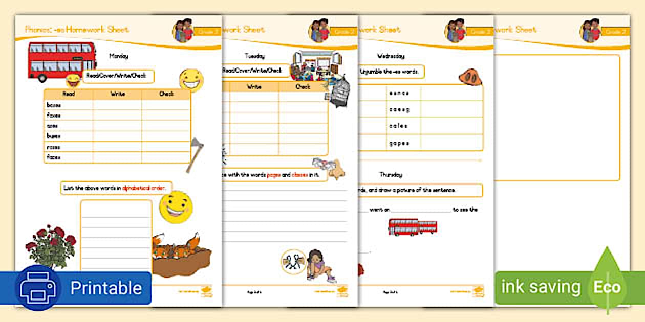 Grade 2 Phonics: -es suffix Homework Sheet - Twinkl