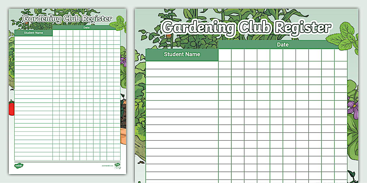 Gardening Club Class Register Template - Twinkl