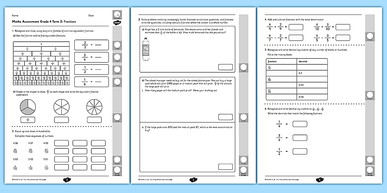 Grade 4 Fractions Term 2 Test - English (Canadian) - Twinkl