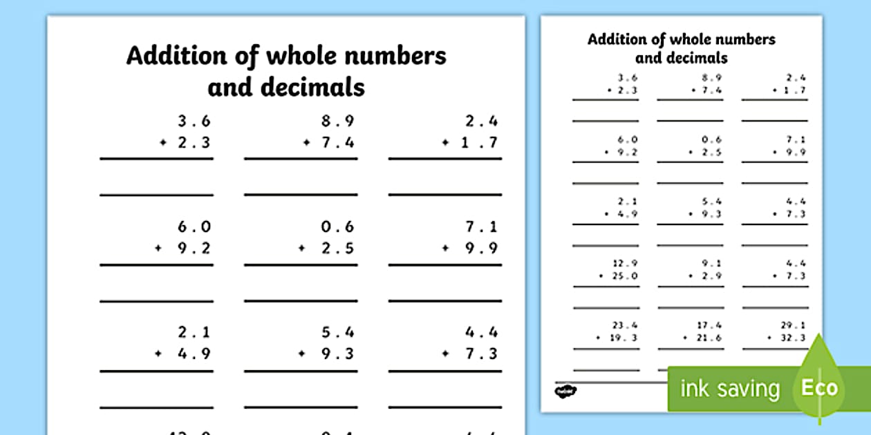 Addition Of Whole Numbers and Decimals to One Place Worksheet