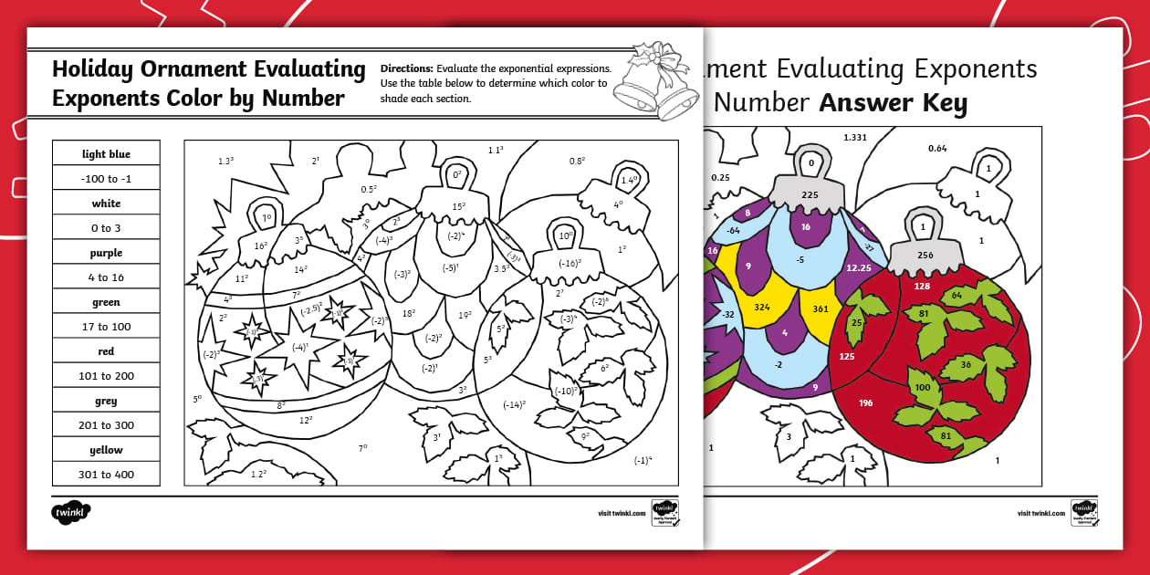 Eighth Grade Holiday Ornament Evaluating Exponents Color by Number