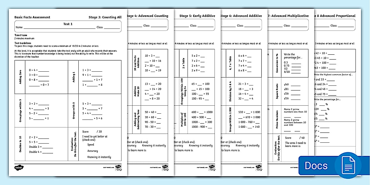 Basic Facts Worksheets | Test Set 1 | New Zealand Years 7-8