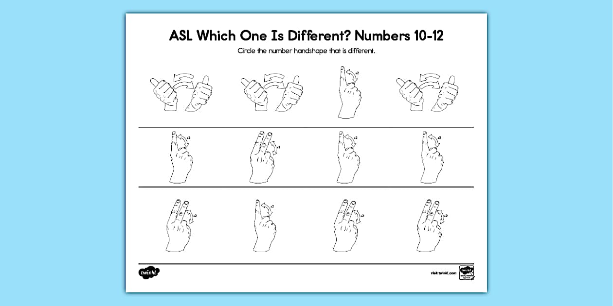 ASL Which One Is Different? Numbers 10-12 Worksheet - Twinkl