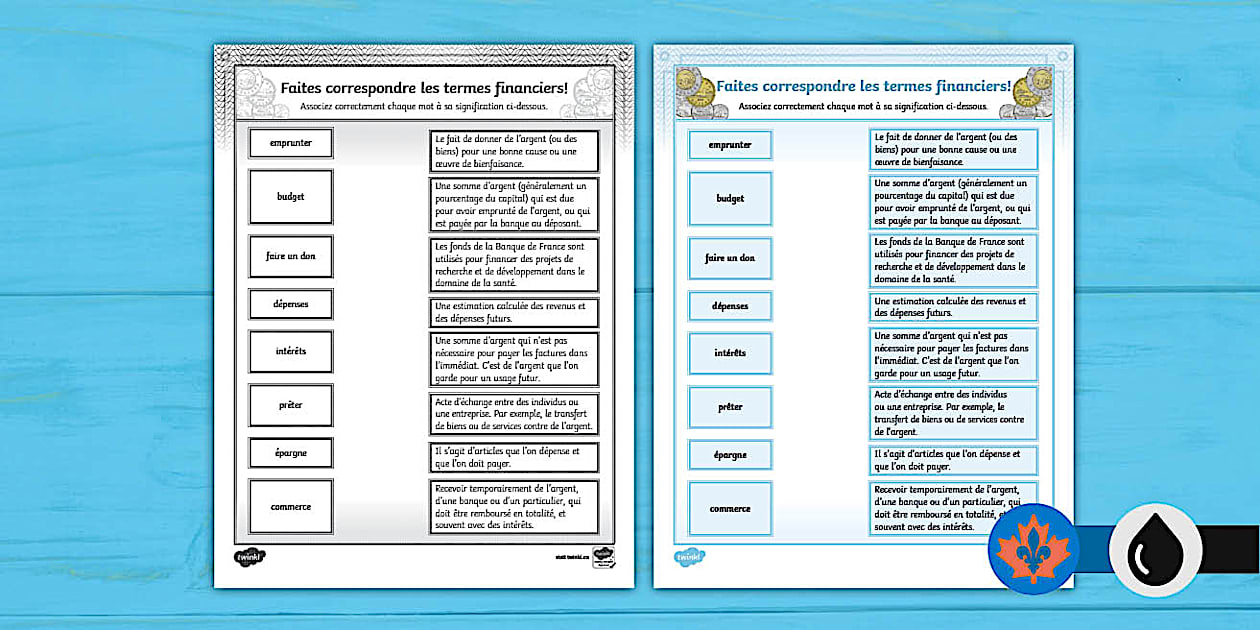 Financial Literacy Terms Matching Activity French - Twinkl