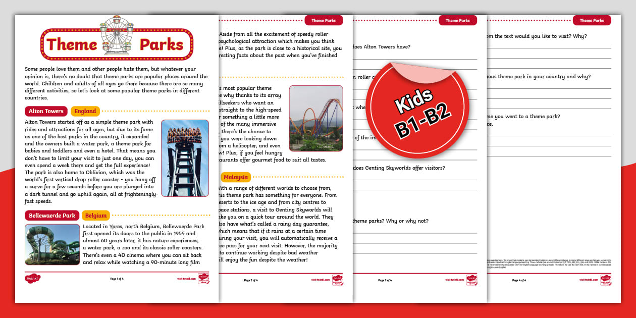 Theme Parks Reading Comprehension [Kids, B1-B2] - Twinkl