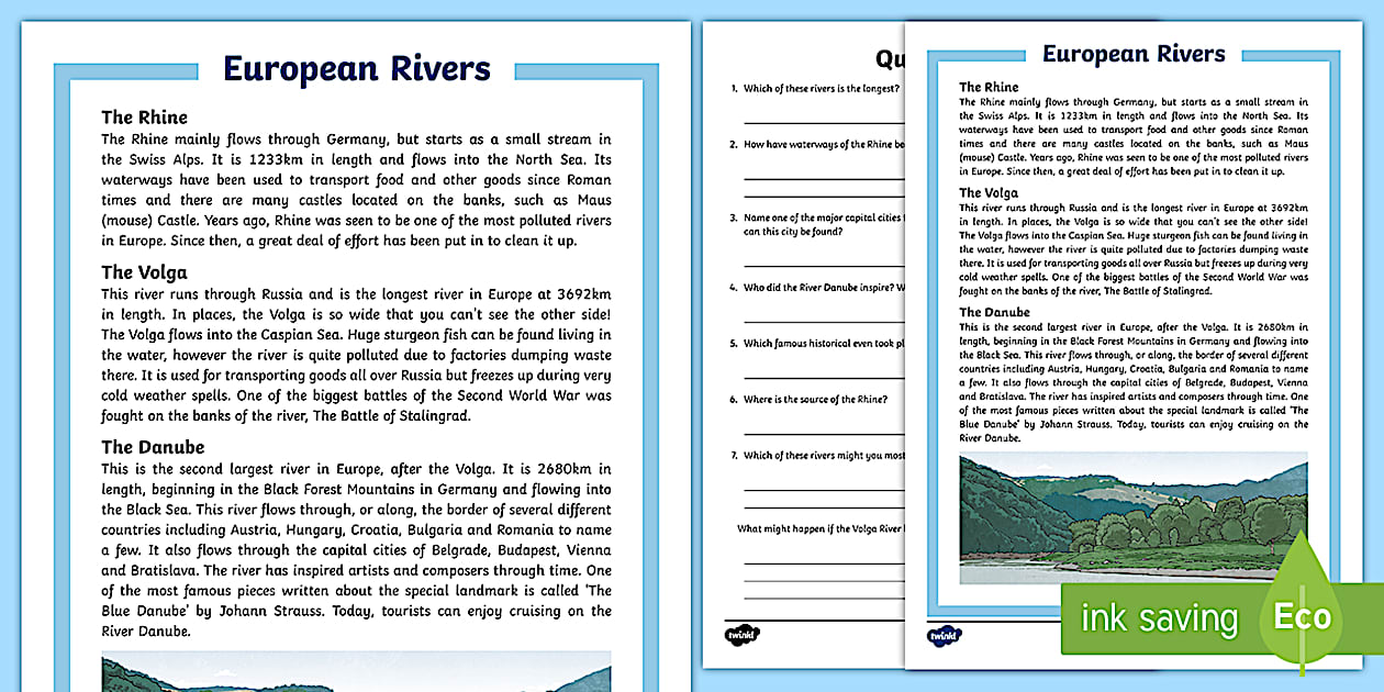 Lower Ability European Rivers Comprehension Worksheets