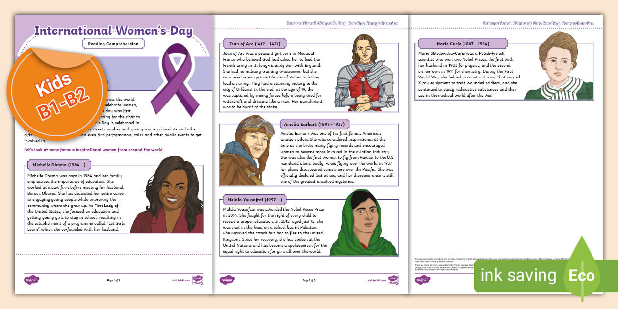 ESL International Women's Day Reading Comprehension Worksheet [Kids, B1-B2]