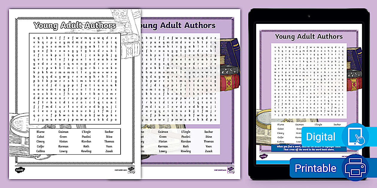 Young Adult Authors Word Search 6th-8th Grade (teacher made)