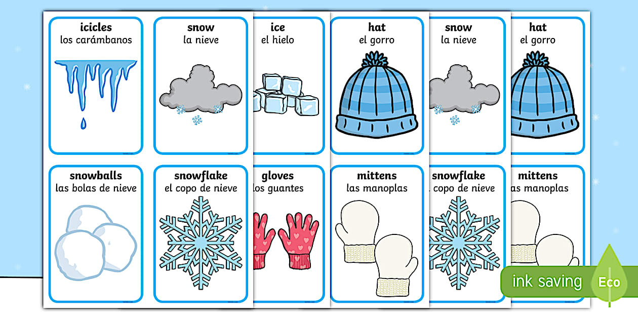 Winter Pairs Matching Game - English/Spanish - Winter Pairs Matching Game