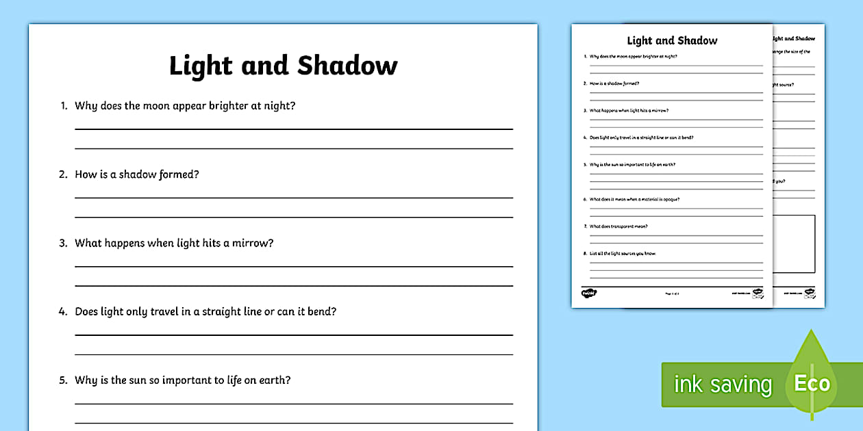 Light and Shadows Questions Worksheet - Twinkl