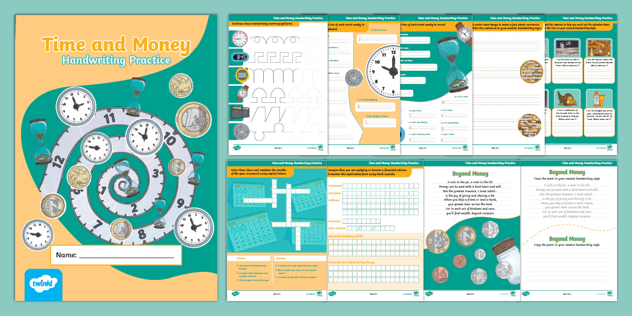 Time and Money Handwriting Practice Activity Booklet