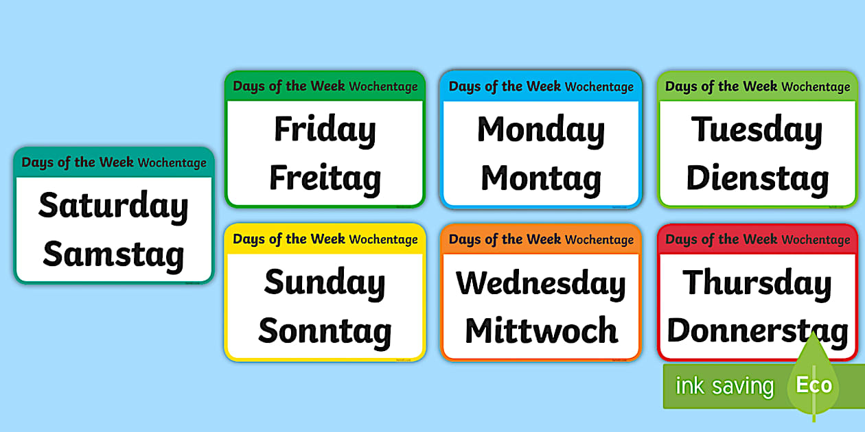 Days of the Week Flashcards English/German - EAL, German, Days of the Week