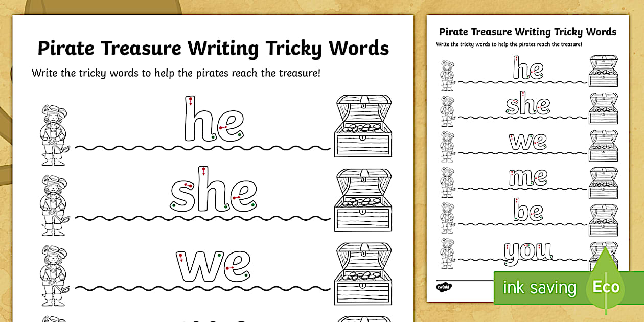 Precursive Pirate Treasure Phase 3 Tricky Words Writing Worksheets