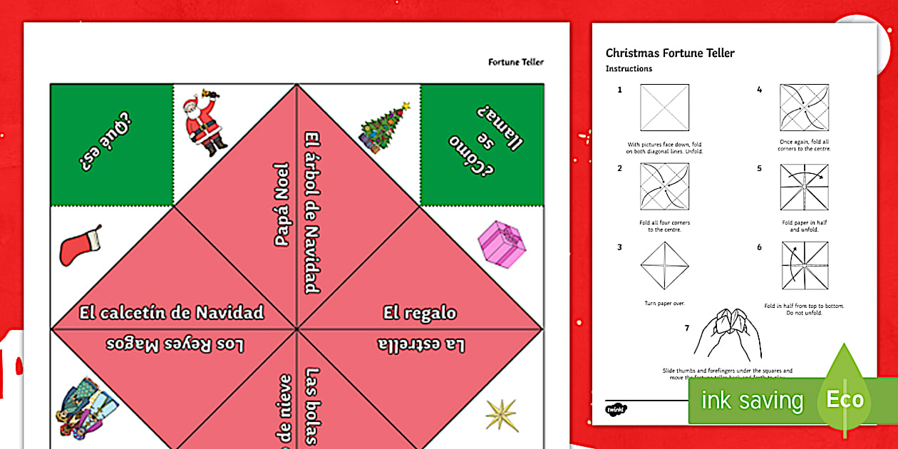Black and White Christmas Vocabulary Fortune Teller Template Spanish