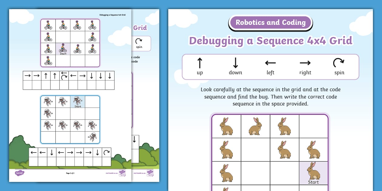 Robotics and Coding: Debug a Sequence 4x4 Grid - Twinkl