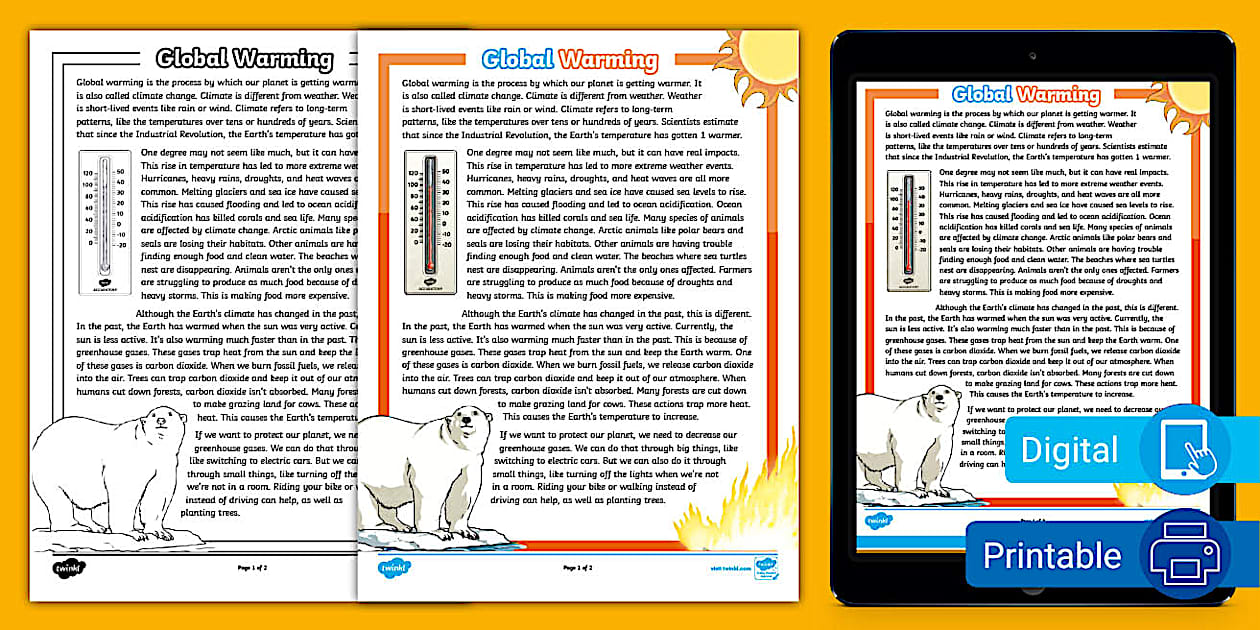Fourth Grade Global Warming Reading Comprehension Worksheet