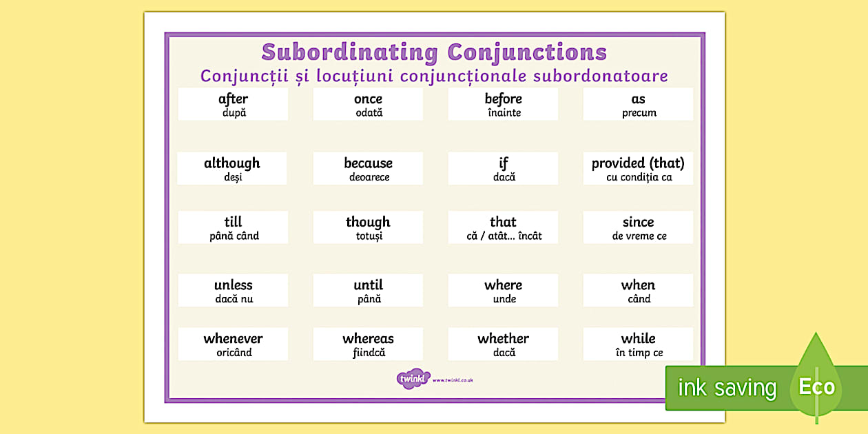 Subordinating Conjunctions Word Mat English/Romanian